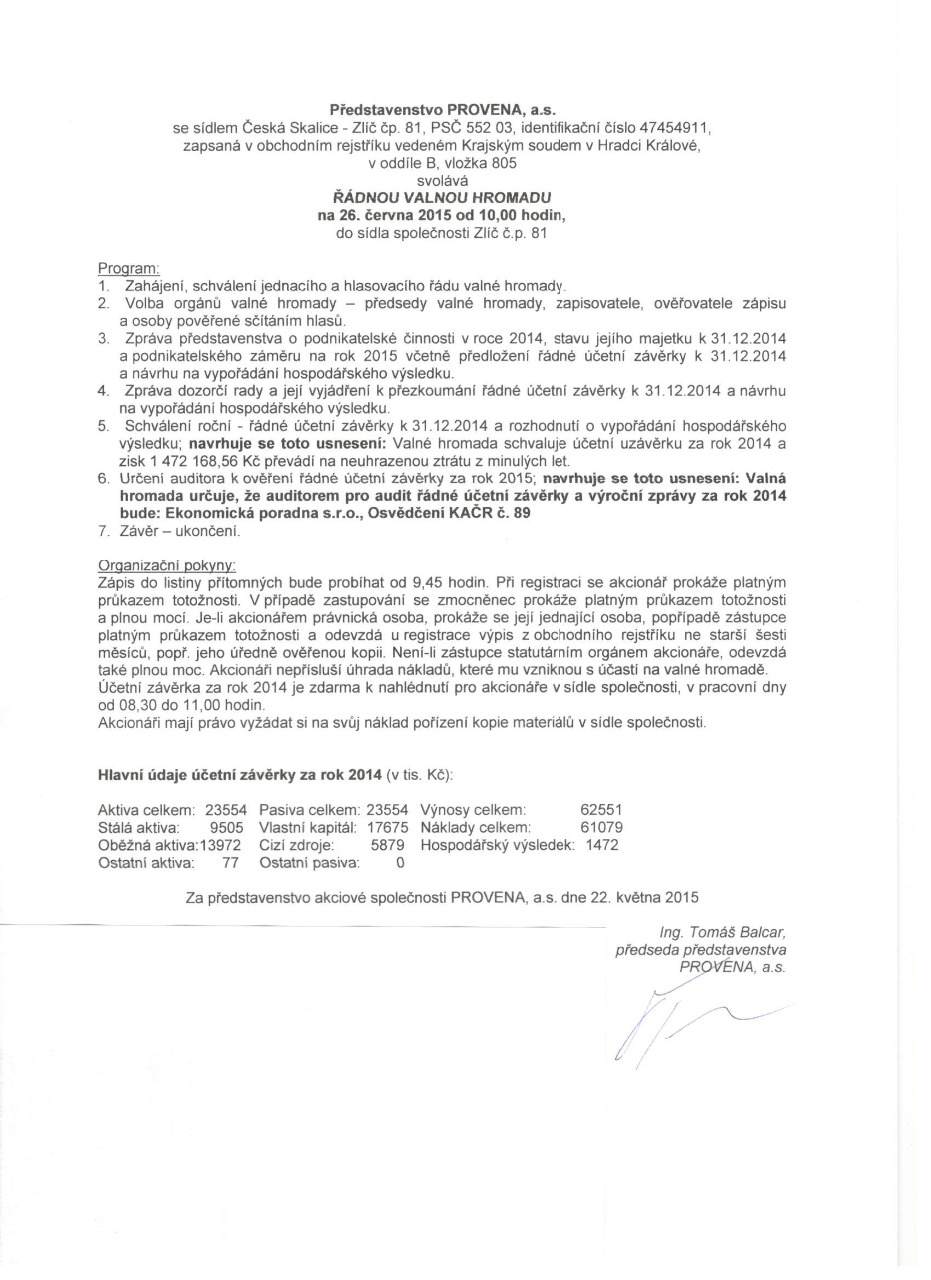 Valná hromada :: Provena a.s.